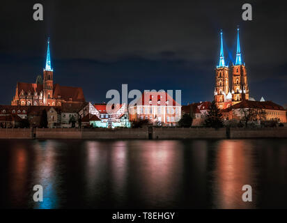 A cityscape cathedral, river Odra. Wroclaw, Poland, at dusk. Panorama ...