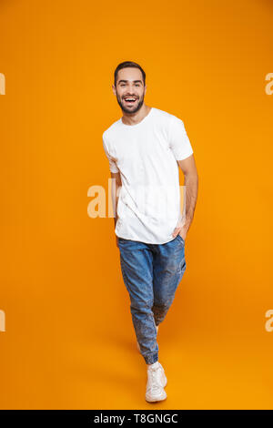 Full length photo of adorable good mood girl dressed blue shirt arms ...