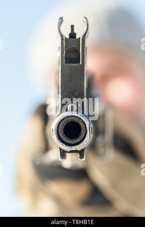 Direct macro detail close-up shotgun front view gun point. Firearm ...