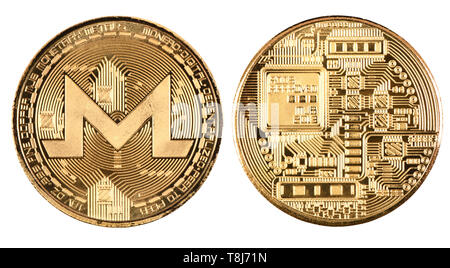 Monero cryptocurrency coin on two dollars banknote. Digital money Stock ...