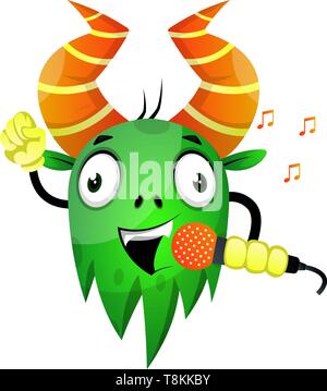 Vector cartoon illustration of monster with microphone. Isolated on ...