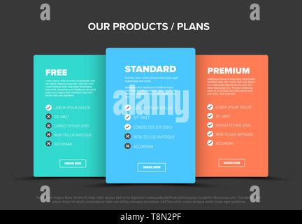 Product features schema template with three services, feature lists ...