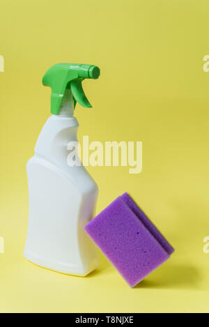 cleaning agent, house cleansing. Cleaning products on a bright yellow ...