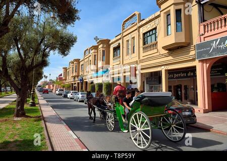 Marrakesh or Marrakech, modern street, part of city with tall fountain ...
