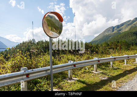 Transport, Road, Safety, Convex mirror used to view oncoming traffic ...