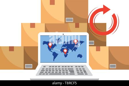 laptop with boxes and return arrow showing map and location pointers ...