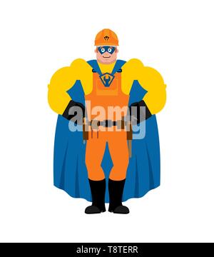 Construction worker superhero. Super hero builder in helmet and cloak ...
