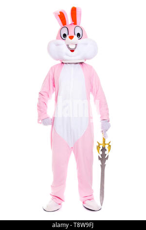 Life size easter bunny knight or warrior with sword or dagger stands on ...