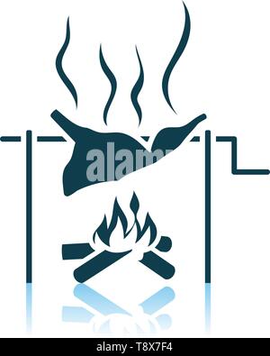 Roasting meat on fire icon. Black background with white. Vector ...
