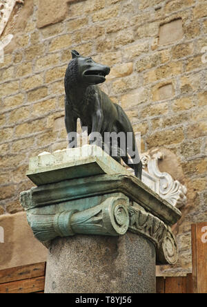 View of Capitoline Wolf monument in old Brasov centre, Romania. Town ...