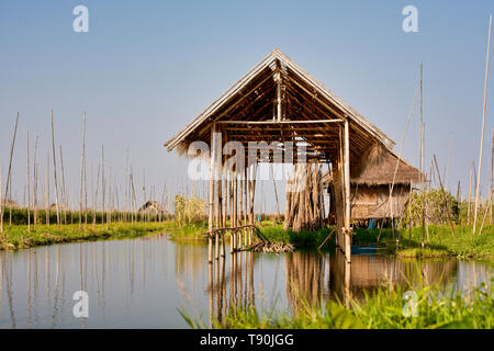 Stilted fisherman's house and boathouse on Inle Lake Myanmar (Burma ...