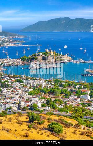 Bodrum city beach and marina aerial panoramic view. Bodrum is a city in ...