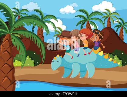 Children riding dinosaur in prehistoric scene illustration Stock Vector ...