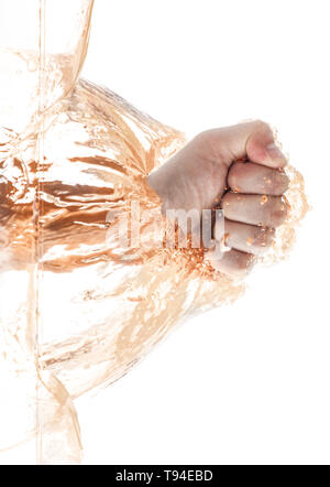 A male fist is smashing the water with waves and bubbles. Isolated on ...