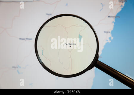 Canberra, Australia. Political map. The city on the monitor screen ...