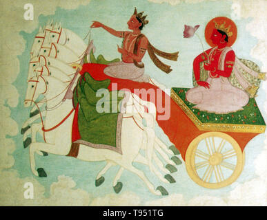 painting of the Hindu sun god "Surya" riding a chariot of nine horses ...