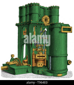 Two-cylinder steam engine with high pressure and low pressure cylinders ...