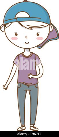 Stylish boy blushing cartoon outfit jeans tshirt backwards cap nature ...