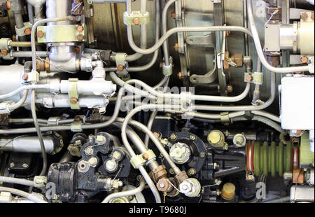 the internal structure of the aircraft engine, with hydraulic, fuel ...