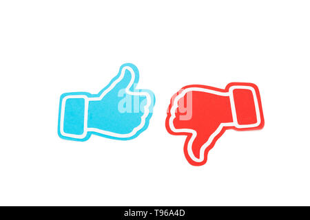Thumb up, thumb down signs. Yes and no symbols. Like and dislike. Hands ...