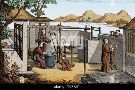 SILK MANUFACTURE IN CHINA. Winding. Balneum Mariae, antique print Stock ...