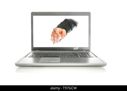 Male hand coming out of laptop monitor showing thumbs up. Isolated over ...