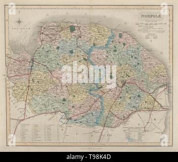 Norfolk antique county map by J & C Walker. Railways & boroughs 1870 ...