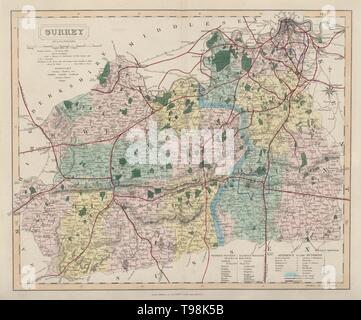 Surrey antique county map by J & C Walker. Railways & boroughs 1870 old ...