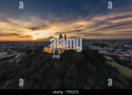 Aerial view of the great Pyramid of Cholula or Tlachihualtépetl is the ...