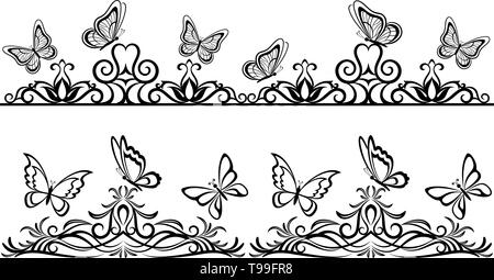 Horizontal Seamless Patterns with Butterflies Black and Grey Contours ...