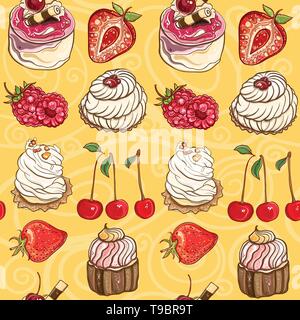 Seamless pattern with cute cakes and strawberry desserts. Festive ...