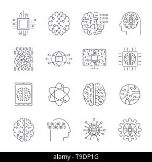 Artificial Intelligence and IoT thin icons set. AI, Iot, IIoT, Factory 4.0. Binary Code, Robot ...