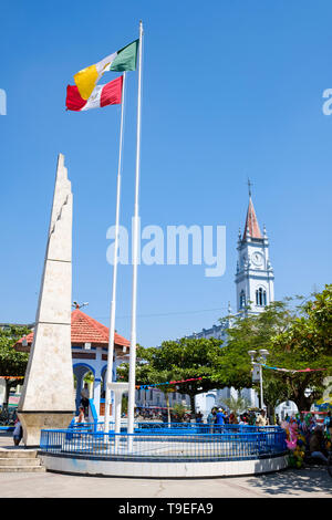 Loreto region of Peru flag waving on the top sunrise mist fog Stock ...