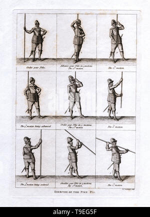 Vintage illustration, English soldier, Pikeman, Exercise with the Pike ...
