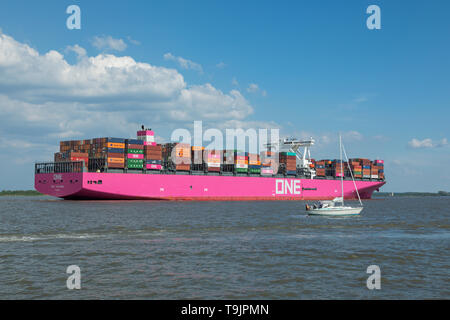 Stade, Germany - May 18, 2019: Ultra-large Container Ship ONE Columba ...