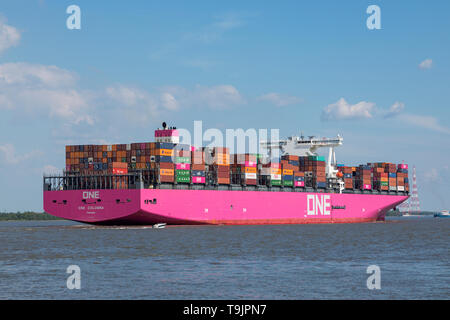Stade, Germany - May 18, 2019: Ultra-large Container Ship ONE Columba ...
