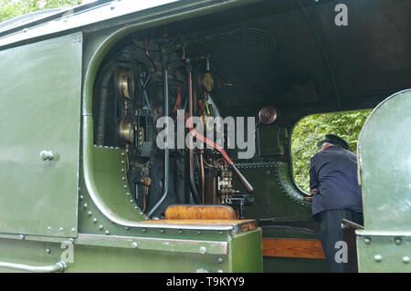 Driver of steam locomotive GWR pannier tank 7752 waits to leave at ...