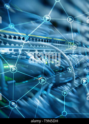 Wi fi network abstract structure on modern server room background Stock ...