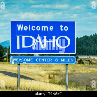 Big blue "Welcome to Idaho" roadway sign off of Interstate 90 heading ...