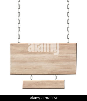 old light wood sign hanging on a chain isolated on white background ...