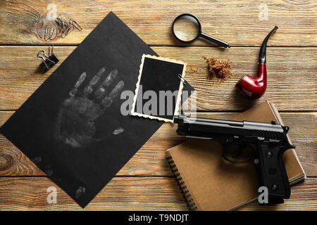 Different items for detective on table, flat lay Stock Photo - Alamy