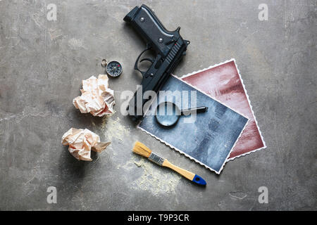 Composition with different items for detective on wooden table Stock ...