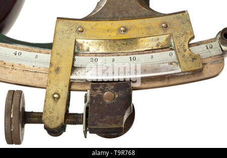 A 19th century sextant Brass (partly green lacquered), nickel, wood ...
