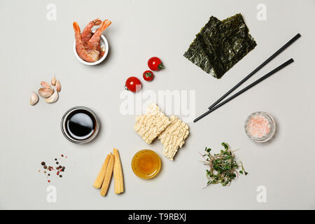Ingredients for preparing Chinese soup on color background Stock Photo ...