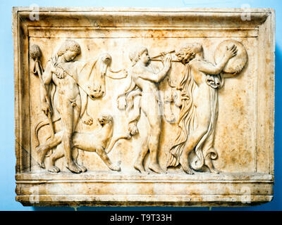 Dionysiac procession. Marble relief of a maenad playint a tambourine ...