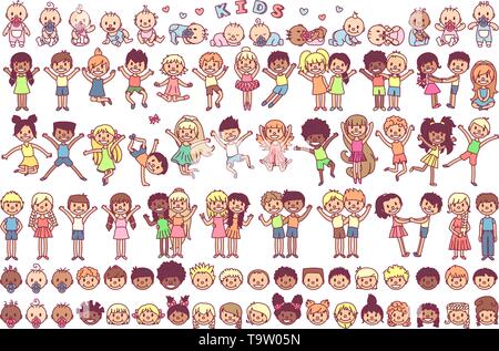 vector cute cartoon kids, child clip art coloring book page Stock ...