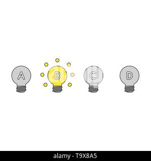 Vector icon concept of four light bulbs and one of them turn on and ...