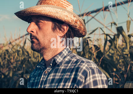 Serious thoughtful farmer in corn field, looking confident and ...