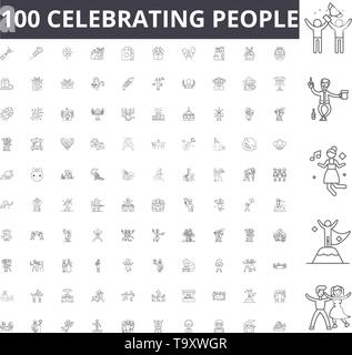 Celebrating people line icons, signs, vector set, outline illustration ...