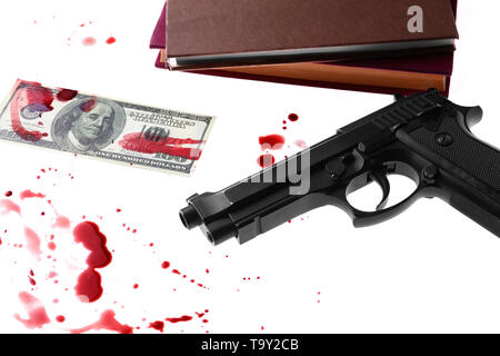 Gun with blood stains after murder on white background Stock Photo - Alamy